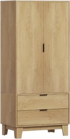 HOMCOM šatní skříň se 2 tlumenými dveřmi, 2 zásuvkami a tyčí na oblečení, 80x50x180cm, přírodní dřevo