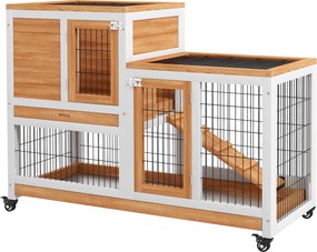 PawHut dvouúrovňový dřevěný králíčí výběh s koly, dveřmi, otevřenou plochou, rampou a 2 odnímatelnými zásobníky, 110x50x88 cm, přírodní a bílý