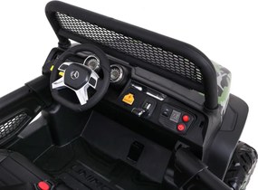 Ramiz Mercedes Benz Unimog elektrické autíčko pro děti maskáčové + pohon 4x4 + dálkové ovládání + nosič zavazadel + pomalý start + rádio MP3 + LED