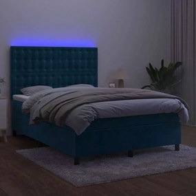 Box spring postel s matrací a LED tmavě modrá 140x200 cm samet 3136369