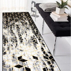 Dywany Łuszczów, Běhoun Gloss 409A 82 3D cubes black/gold/grey, 80x200, černá, obývací pokoj