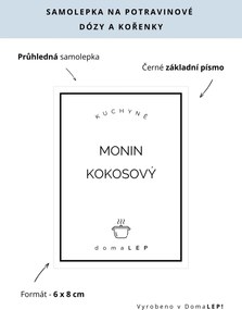 Samolepka na láhev MONIN KOKOSOVÝ 6 x 8 cm – průhledná vinylová, voděodolná, omyvatelná samolepka na dózy, základní písmo