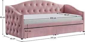 Postel s úložným prostorem, 90x200, růžová Velvet látka, ZASKA