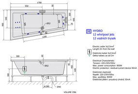 Polysan ANDRA L HYDRO hydromasážní vana, 170x90x45cm, bílá 81111H