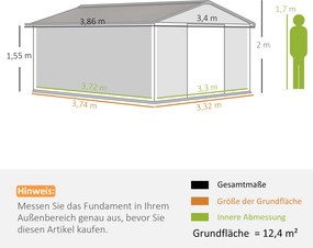 Outsunny Toolhouse 12,4 m², Zahradní Kůlna s Šikmou Střechou, Posuvné Dveře, Základna, 386 x 340 x 200 cm, Kůlna na Nářadí z Pozinkované Oceli, Odoln…