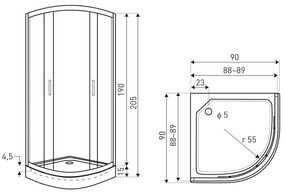 Novoterm Čtvrtkruhový sprchový kout NV-Soho 90x90 černá/ornamentní sklo + vanička XN