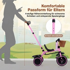 Costway Dětská tříkolka 3 v 1 s vodicí tyčí a košíkem, růžová