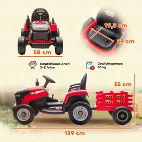 AIYAPLAY Elektrický dětský traktor, sedací traktor s dálkovým ovládáním, měkký start, pro děti ve věku 3-8 let, červený
