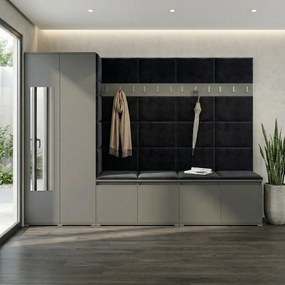 Předsíňová stěna Trinity 9 s čalouněnými panely, 290 cm, grafit/ černá