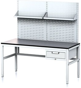 Alfa 3 Nastavitelný dílenský stůl MECHANIC II s perfopanelem a policemi, 1 zásuvkový box na nářadí, 1600x700x745-985 mm, šedá/šedá