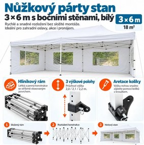 Nůžkový párty stan 3 × 6 m s bočními stěnami, bílý