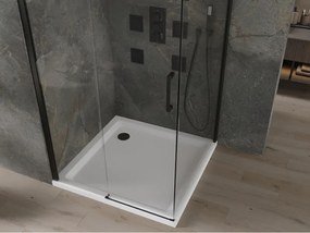 Mexen Omega, sprchový kout s posuvnými dveřmi 100 (dveře) x 100 (stěna) cm, 8mm čiré sklo, černý profil + slim sprchová vanička bílá s černým sifonem, 825-100-100-70-00-4010B