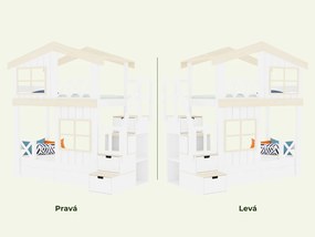 WoodPassion Domečková patrová postel SRUB s plotem a úložnými schody 90x200 cm Zvolte barvu: Bílá - Přírodní, Zvolte šuplík: Úložný šuplík, Zvolte stranu: Vlevo