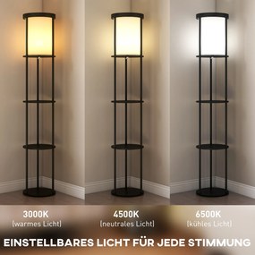 HOMCOM Stojací lampa s 3 policemi, kulatý design, dálkové ovládání, nožní spínač, nastavitelná teplota světla, pro obývací pokoj, černá