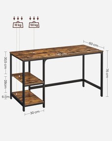 Počítačový stůl 140x60 cm, kancelářský stůl se 2 policemi na pravé nebo levé straně, hnědý-černý