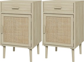 HOMCOM Set 2 nočních stolků s ratanovým šuplíkem a nastavitelnou policí do ložnice nebo obývacího pokoje 40x40x68,5 cm Dub