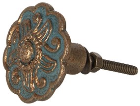 Bronzovo-tyrkysová úchytka s patinou ve tvaru květiny – Ø 4*3 cm