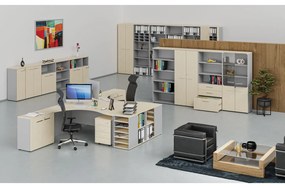 Ergonomický kancelářský pracovní stůl PRIMO GRAY, 1600 x 1200 mm, levý, šedá/bříza