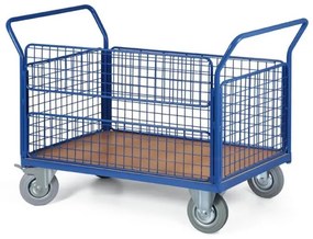 Plošinový vozík s drátěnými výplněmi, 1200x800 mm, nosnost 500 kg, kola 200 mm s šedou pryží