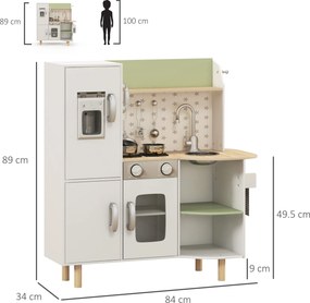Dětská dřevěná kuchyňka AIYAPLAY pro děti 3-6 let s výrobníkem ledu, nerezovým dřezem, mobilním šálkem a nádobím 84x34x89 cm Bílá