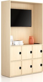 Kancelářská skříň FRAME, 6x dveře, prostor pro TV, 1299 x 450 x 2162 mm, RFID zámek, bříza
