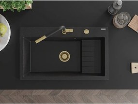 Mexen Omar, 1-komorový granitový dřez 800x480x210 mm, černá-stříbrná metalíza, zlatý sifon, 6520801005-73-G