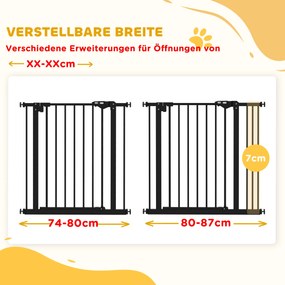 PawHut Ochranná brána pro schody s 7 cm prodloužením - Bez vrtání, brána pro šířky 74-87 cm, otočná na obě strany, kovová, černá