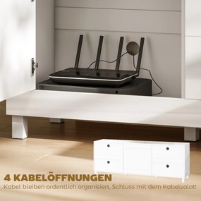 HOMCOM nízký TV stolek pro TV až do 75" – 180 × 40 × 66 cm, bílý vysoký lesk, 2 dvířka s tlumeným dovřením, kabelové vedení a 2 zásuvky