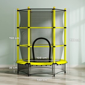 HOMCOM dětský trampolína Ø140 cm pro děti 3-10 let s bezpečnostní sítí, nosnost 50 kg, do interiéru i exteriéru, žlutá