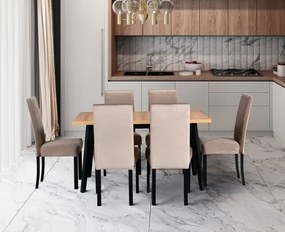 Jídelní sestava DX13 odstín lamina (deska stolu) wotan, odstín dřeva (židle + nohy stolu) bílá, potahový materiál látka