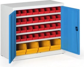Skříň s plastovými boxy BASIC - 800 x 400 x 920 mm, 32x A, 4x C, šedá/modré dveře