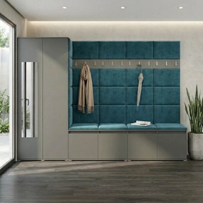 Předsíňová stěna Trinity 9 s čalouněnými panely, 290 cm, grafit/ azurová