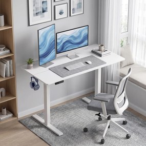 HOMCOM Elektrický stojací-sedadlový stůl 120 x 60 cm, 3 paměťové výšky, dětská pojistka a protinárazová funkce, pro práci, bílá