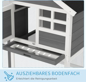 Klec pro králíky PawHut z borovicového dřeva 122 x 62,6 x 92 cm – vnitřní a venkovní, s odnímatelným dnem a rampou, šedá + černá + bílá