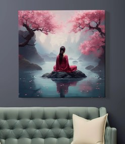 Obraz na plátně - Meditace, žena v červených šatech na ostrůvku FeelHappy.cz Velikost obrazu: 100 x 100 cm
