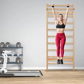 Costway Dřevěné hrazdy se stahovací tyčí a 10 příčky lezecká stěna 150 kg odolná