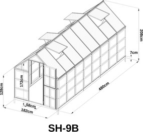 Skleník se základnou BestBerg SH-9B / 9 m² / 480 x 182 x 208 cm / černá