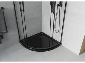 Mexen Rio, čtvrtkruhový sprchový kout s posuvnými dveřmi 90 x 90 cm, 5mm čiré sklo, černý profil + černá sprchová vanička, 863-090-090-70-00-4170B