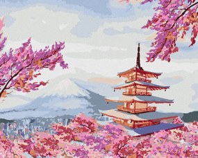 zuty malování podle čísel - japonsko chrám a růžové květiny, 80x100 cm, bez rámu a bez vypnutí plátna