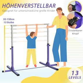 HOMCOM Dětská gymnastická tyč pro 3+ let, nastavitelné tréninkové barové zařízení 92-150 cm, horizontální gymnastická tyč pro zátěž 75 kg, 194x121x15…