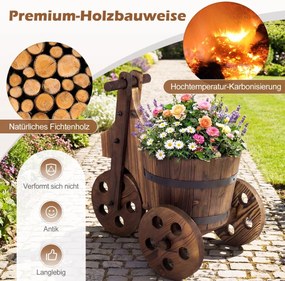 Costway Rustikální dřevěný tříkolový květináč Vozík na květináč se sudem