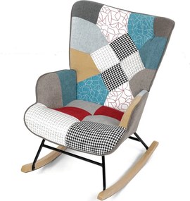 Křeslo houpací, potah patchwork látka, dřevěné nohy, masiv kaučukovník (68 x 80) cm Šedá