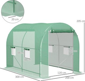Tunelová skleník Outsunny zahradní se zastavěnou plochou 6 m² 3L x 2Š x 2,10V m, zesílený trubkový rám, dvojitě zipová vrata, 4 okna s rolovacími fun…