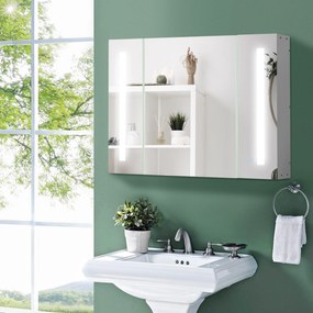 kleankin Zrcadlová skříňka 3 zrcadlová dvířka LED světla 90 × 15 × 65 cm bílá