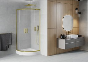 Mexen Rio, čtvrtkruhový sprchový kout s posuvnými dveřmi 80 (dveře) x 80 (dveře) x 190 cm, 5mm sklo námraza, zlatý profil + bílá sprchová vanička RIO, 863-080-080-50-30-4710