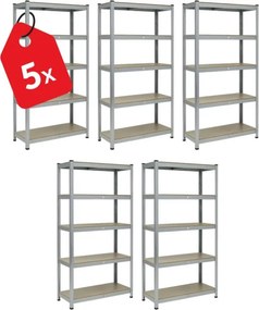 Akce 5x Regál 183x60x40 cm zinkovaný 5-policový, nosnost 1000 kg, RIVET