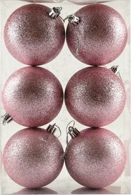 Sada vánočních ozdob růžová glitter 8 cm plastové koule, balení 6 ks