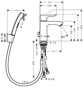 Hansgrohe Metris New, umyvadlová baterie s ruční sprchou Bidette, s výpustí, chromová, 31285000