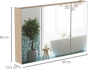 Koupelnová skříňka s zrcadlem kleankin - moderní skříňka se zrcadlem a 3 dveřmi s nastavitelnými policemi pro koupelnu a ložnici, 90x60x13.5 cm, dub