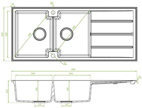 Laveo Canaria, 2-komorový granitový dřez 1160x500x207 mm, černá, LAV-SPC_B21T